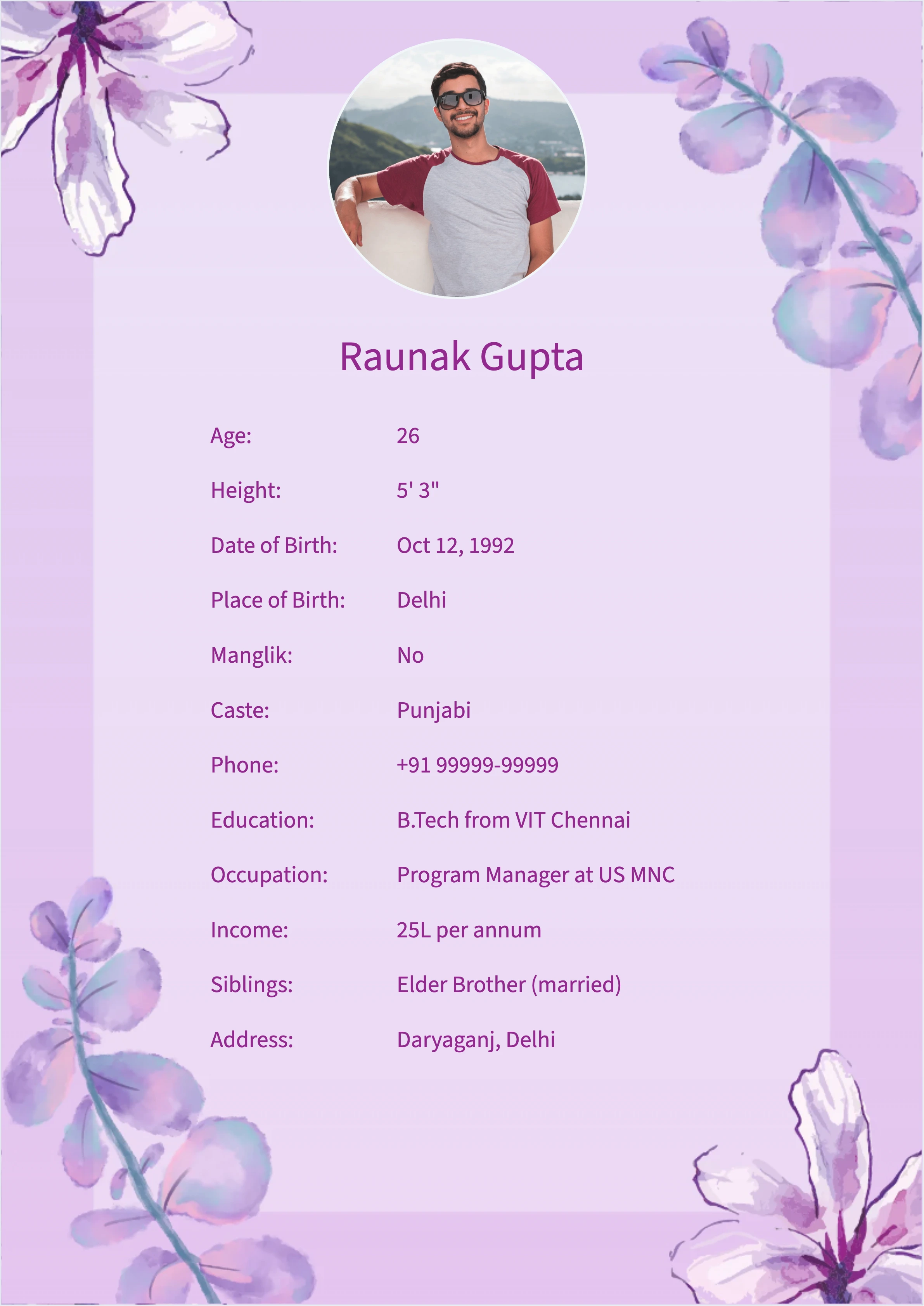 Iris - Deep Purple Elegance - English Marriage Biodata Template | Biodata for Marriage